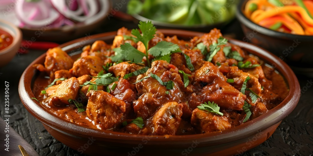 Authentic presentation of spicy chicken tikka masala curry in a clay ...