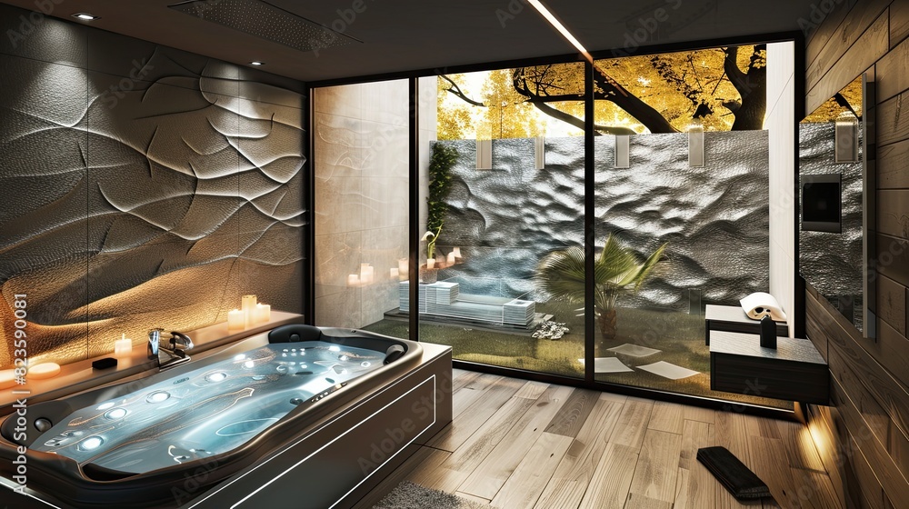 high-end bathroom with a textured titanium wall, a sunken Jacuzzi tub ...