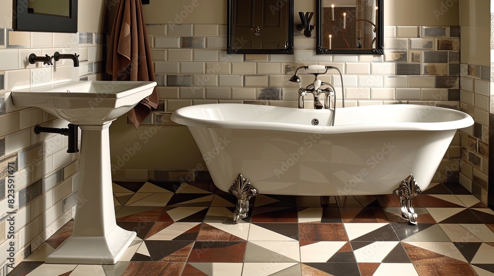 luxury bathroom with an art deco theme, featuring a geometric tiled ...