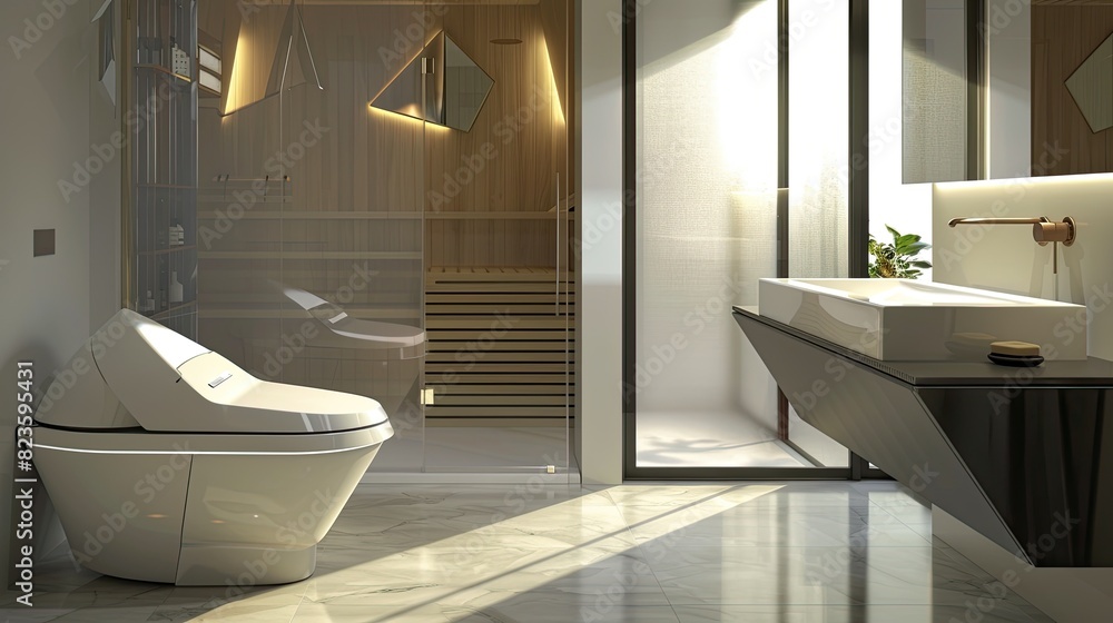 minimalist bathroom with an ultra-modern toilet, a geometric sink, and ...