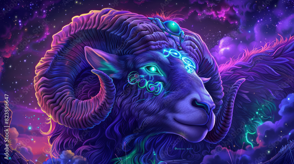 Zodiac sign of Aries as a celestial ram, neon pink and purple colors ...