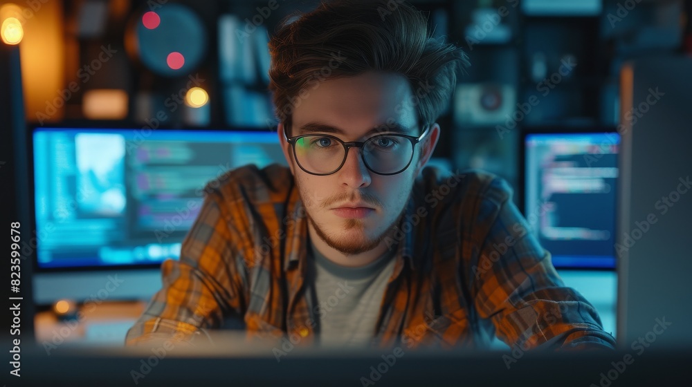Young programmer wearing glasses, typing code on a computer screen in a modern office setting ...