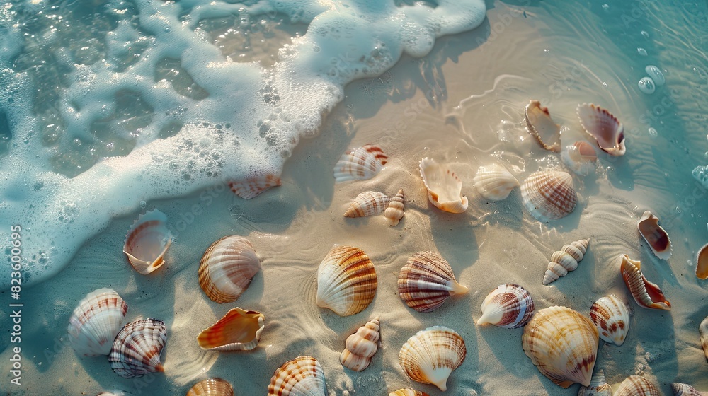 An array of sea shells scattered on the sandy beach, framed by the vast ...