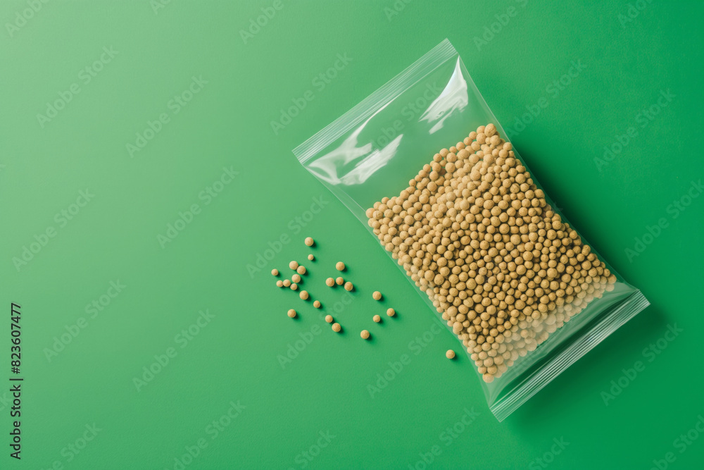 Clear plastic bag filled with raw soybeans displayed on a vibrant green ...