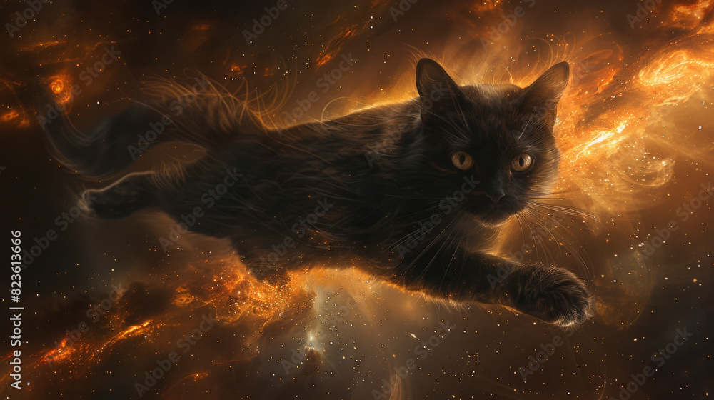 A digital artwork of a black cat superimposed on a cosmic background ...
