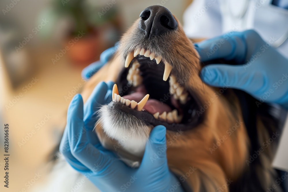 Professional veterinarian wearing blue gloves carefully examining a dog ...