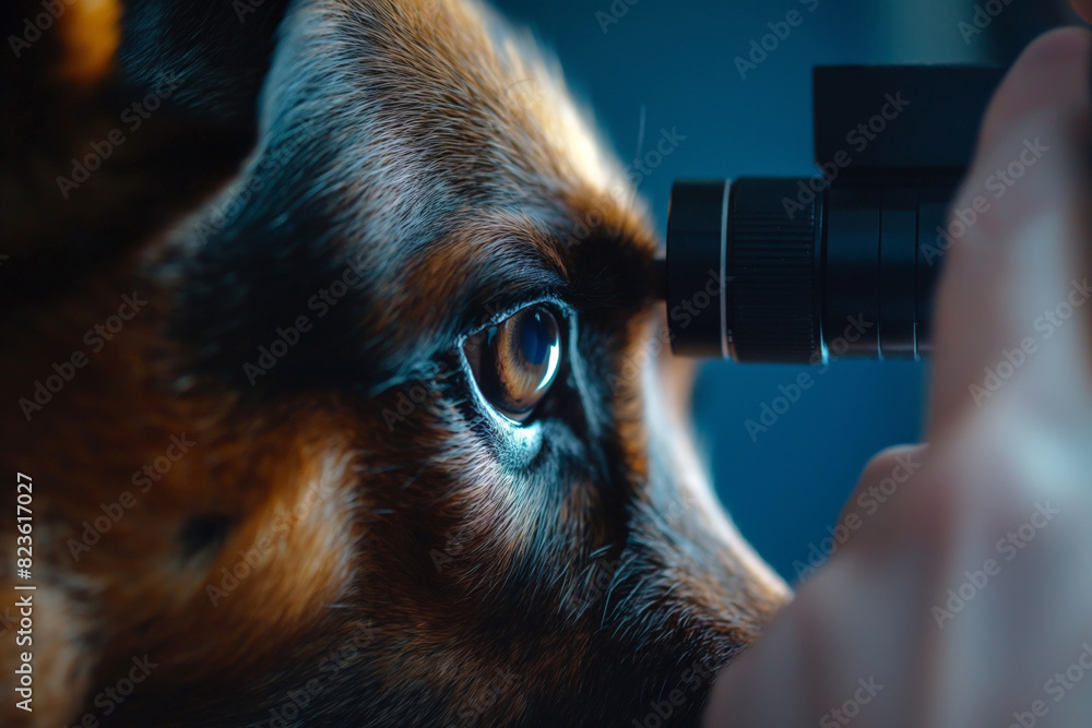 Detailed close-up shows a veterinarian examining a dog's eye with an ...