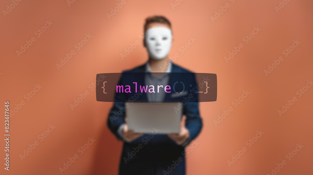Cybersecurity concept malware on foreground screen, hacker silhouette hidden with low poly mask ...
