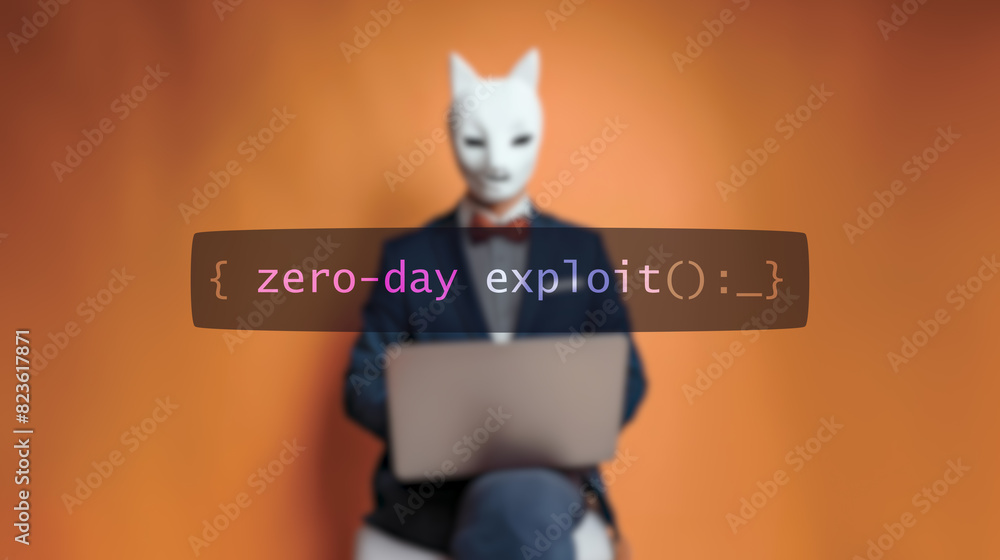Cybersecurity concept zero-day exploit on foreground screen, hacker silhouette hidden with low ...