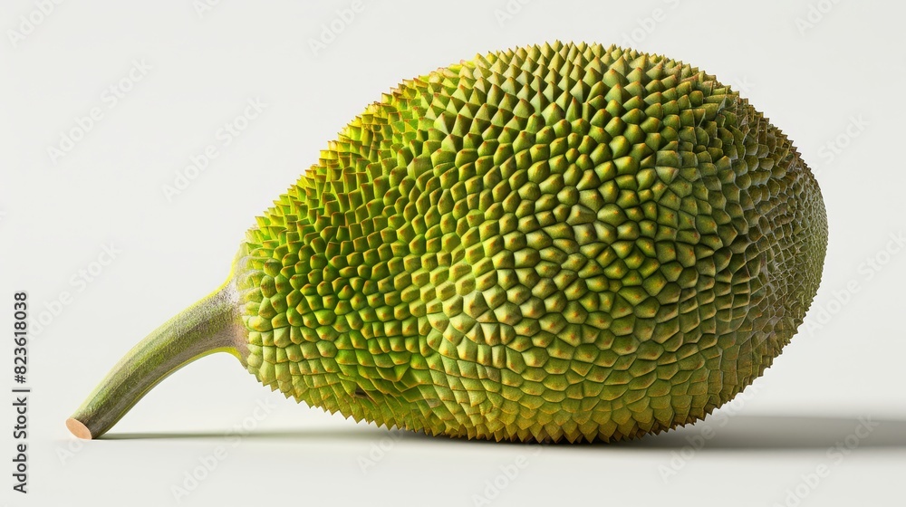 Realistic side view of a vibrant green jackfruit, intricate surface ...