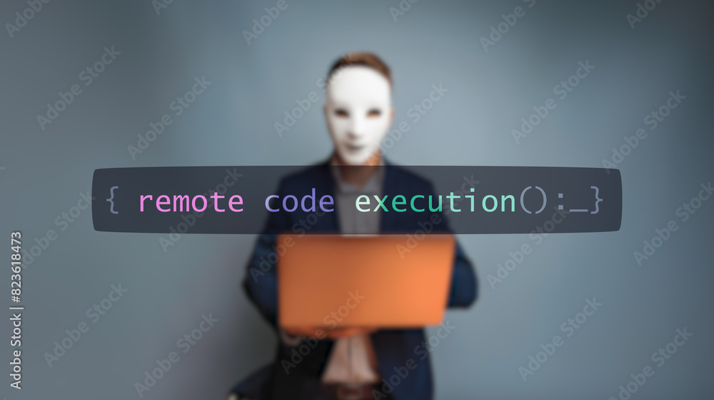 Cybersecurity concept remote code execution on foreground screen, hacker silhouette hidden with ...