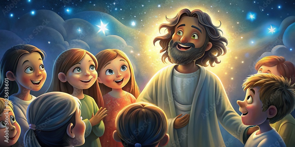Jesus Christ, illustrated as a friendly cartoon character, smiles at a ...