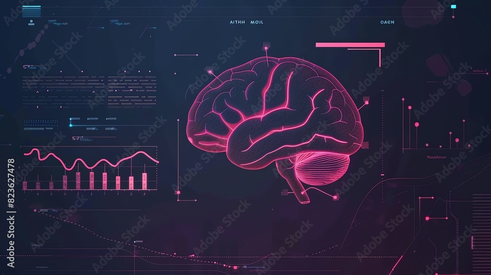 Digital illustration of a human brain with data graphs and futuristic ...