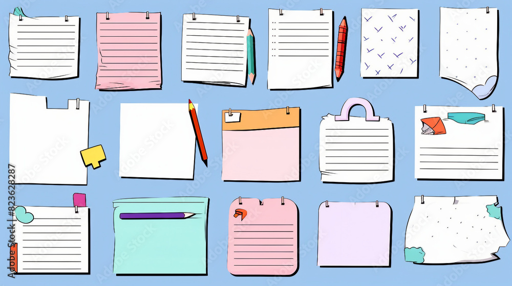 Whimsical Doodle Set of Various Papers and Notes with Hand-Drawn ...