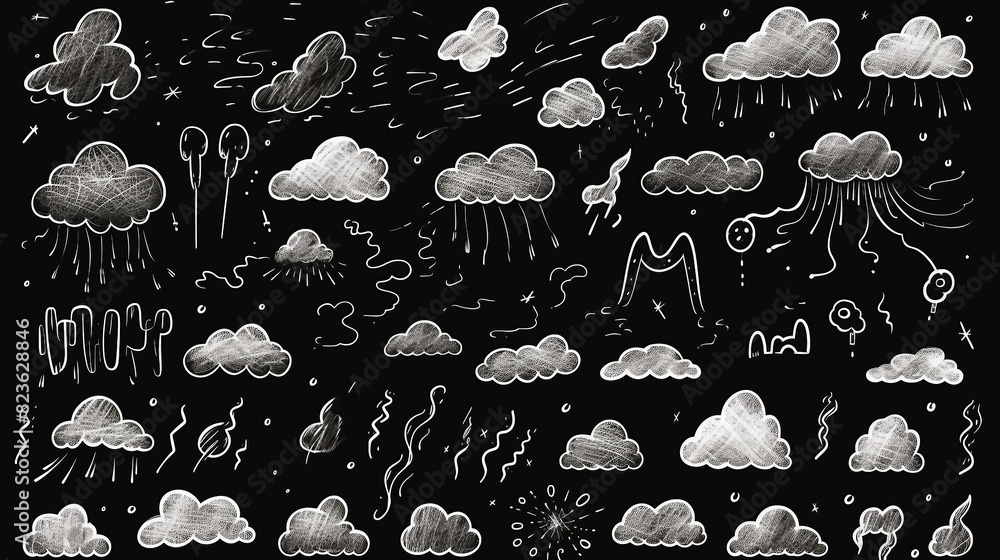 Weather Doodle Set: Hand Drawn Clouds, Rain, Storm, Thunder, Lightning ...