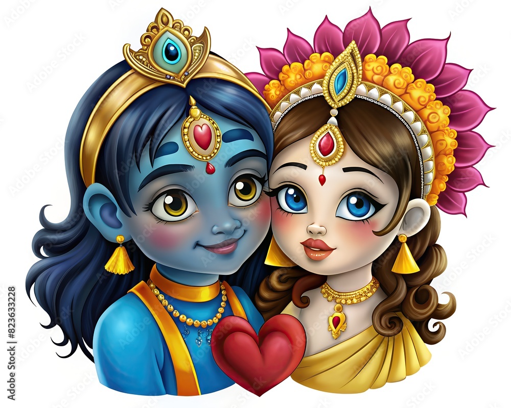 two cartoon characters hindu god radha krishna sharing red heart symbol ...
