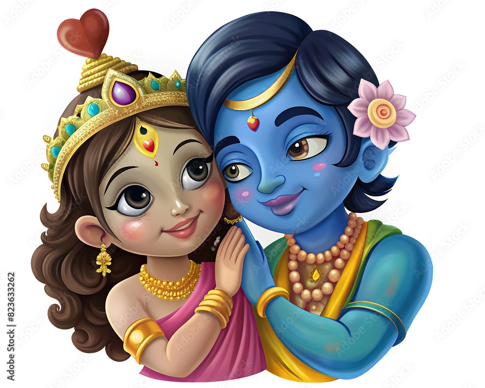 two cartoon hindu god character radha krishna couple in love on white ...
