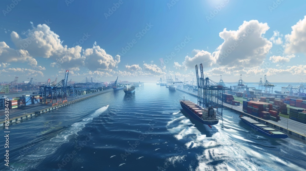 port located in a deep water harbor, with large container ships and ...