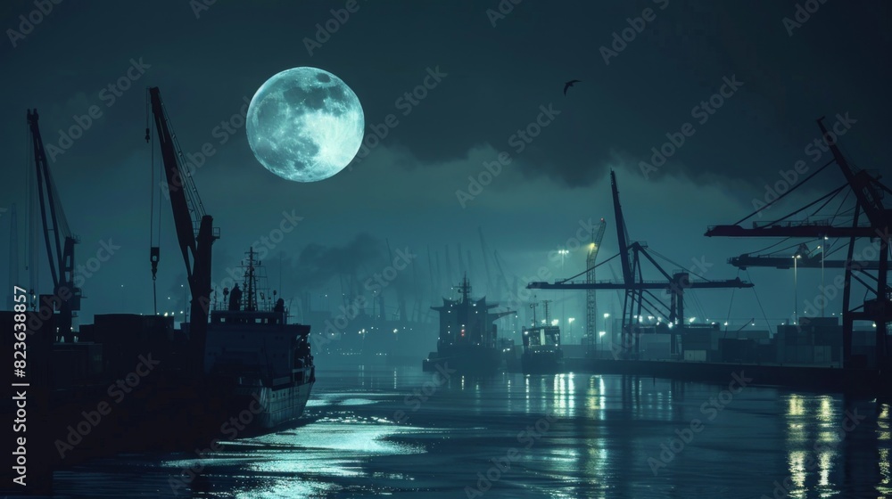 port under moonlight, with ships and cranes illuminated by the soft ...