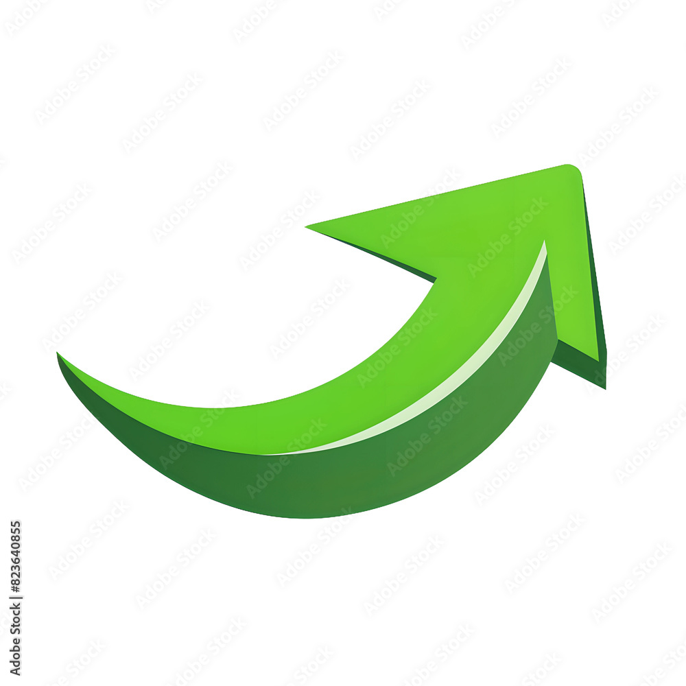 Bright green 3D arrow curving upwards with gradient, isolated on ...