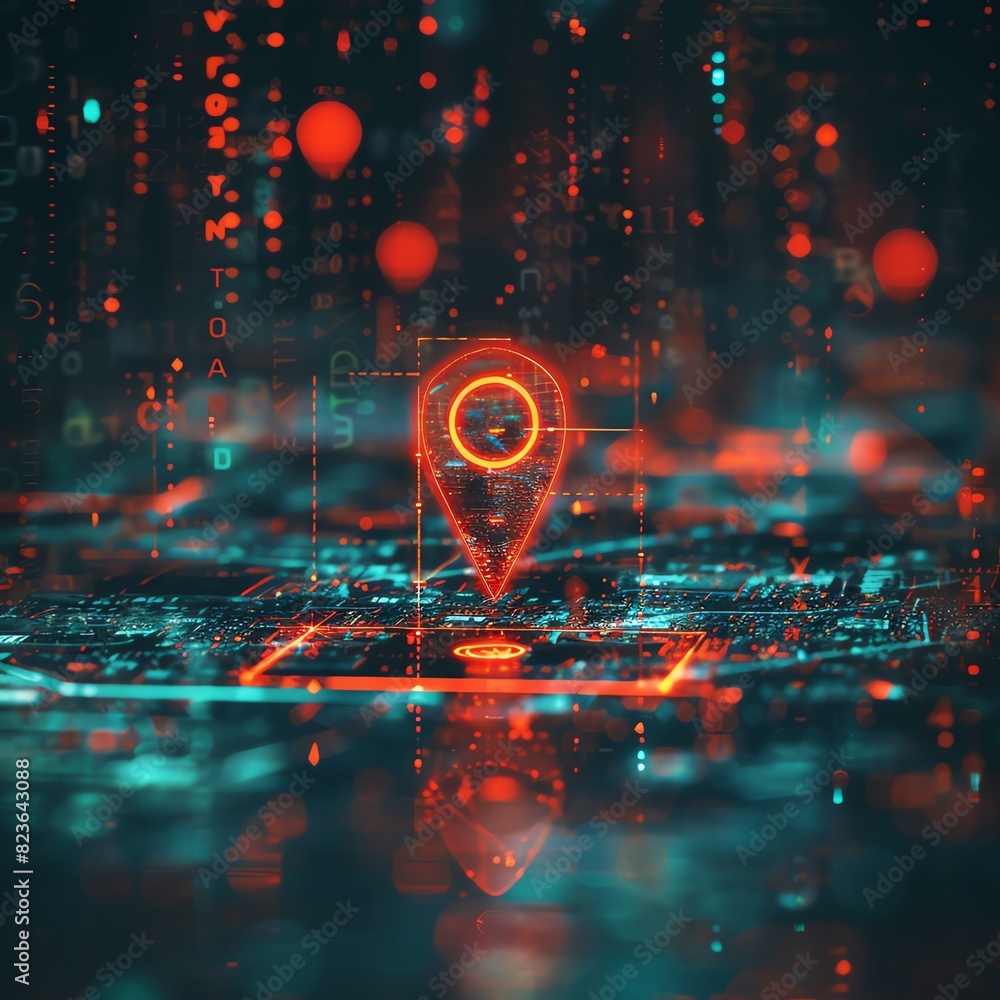 Futuristic location pin icon on a digital map with glowing data points, representing GPS ...