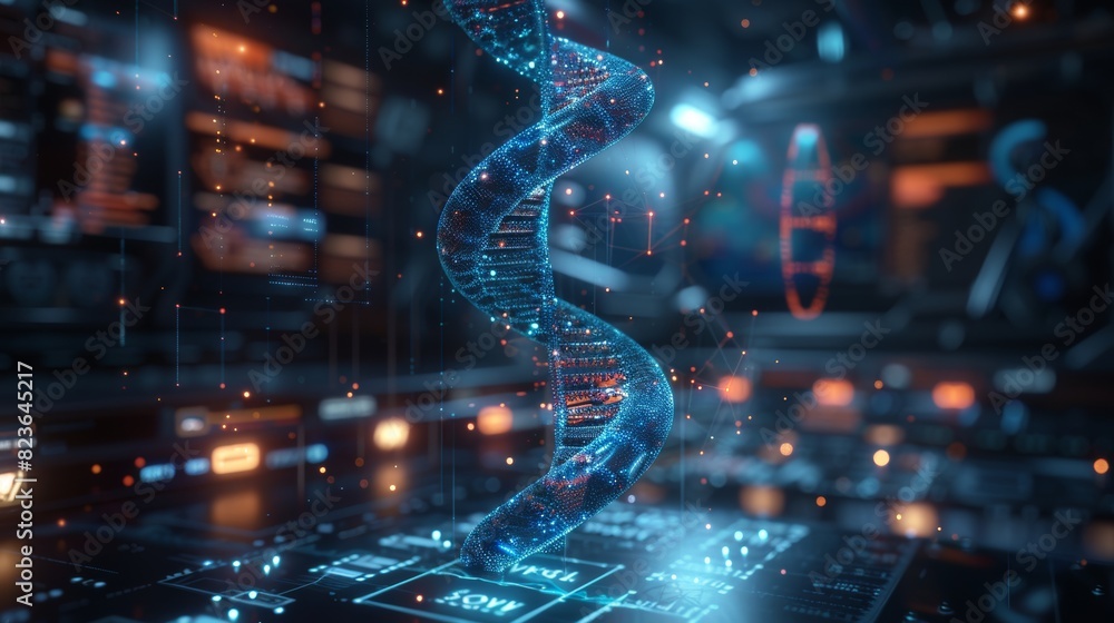 DNA with glowing auspicious symbols in the background. Double helix of ...