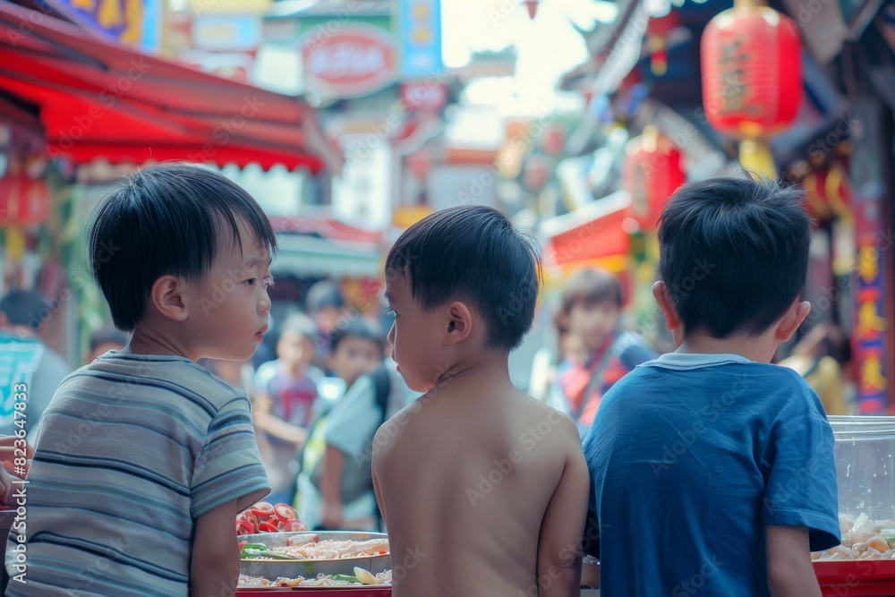 Asian children eating Chinese food in the street of Chinatown in ...