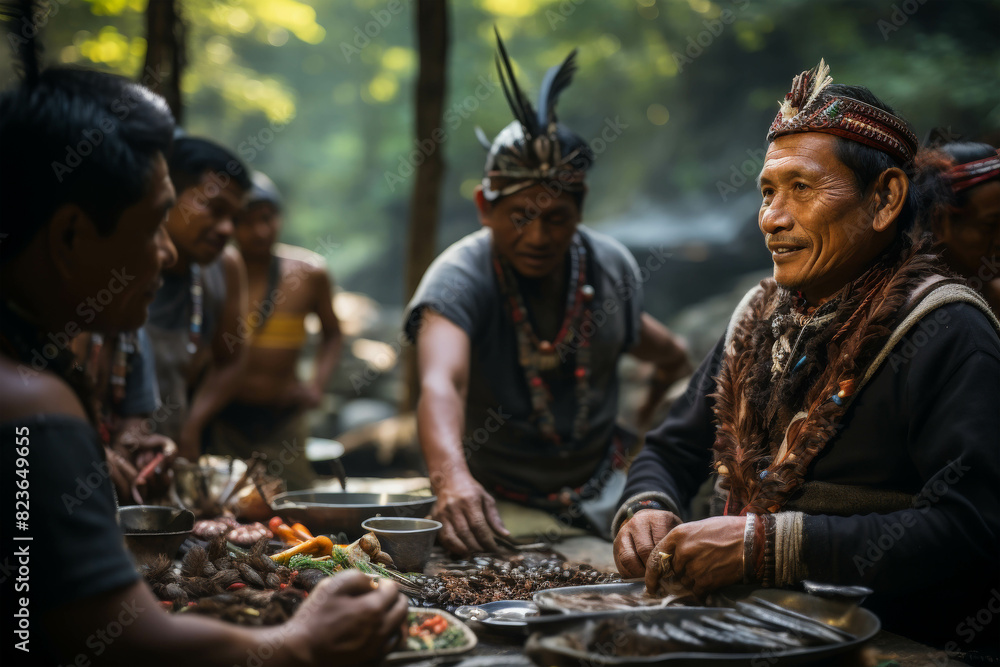 Group of indigenous people in traditional attire engaging in cultural ...