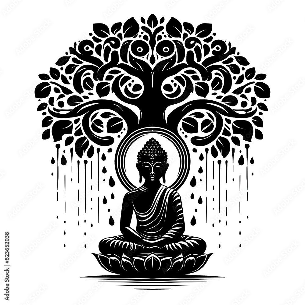 Buddha Meditating Under Bodhi Tree Illustration Monochromatic ...