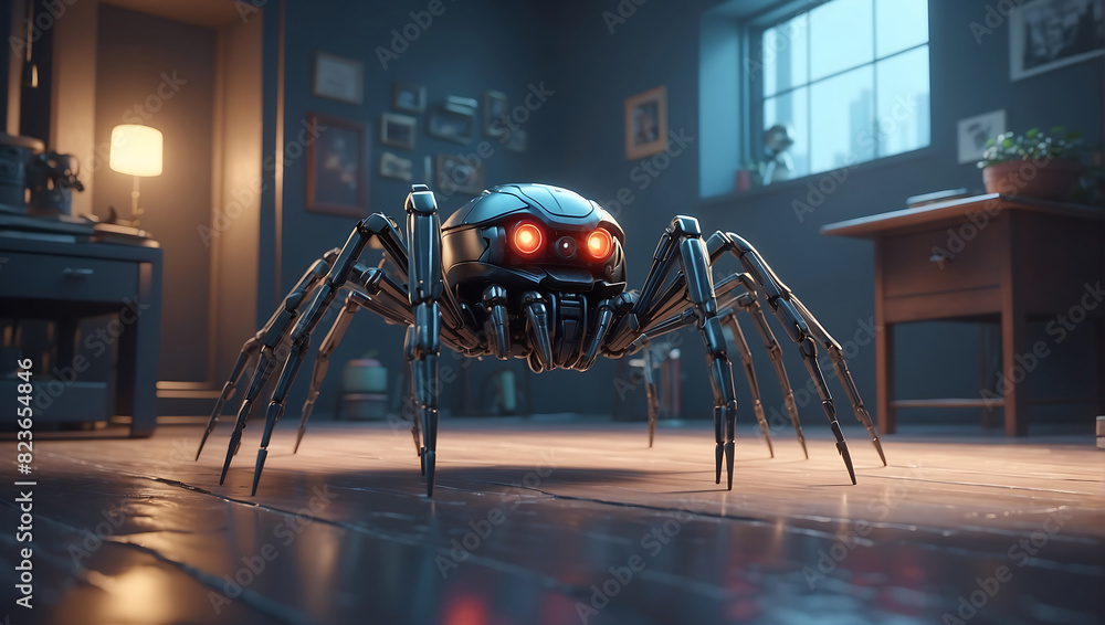 A futuristic mechanical spider with a sleek metallic body and glowing ...