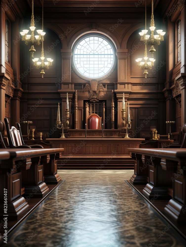 Elegant courtroom interior with wooden furniture, chandeliers, and a ...