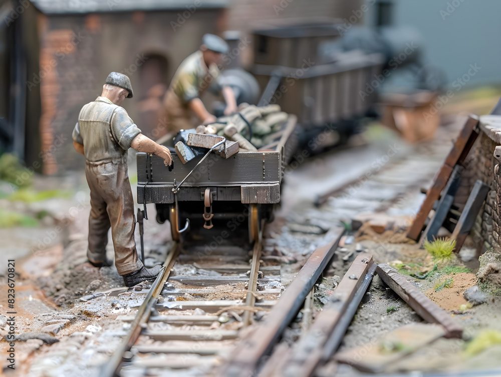 Intricate Model Railroad Scene with Figurines in Traditional Laborer ...