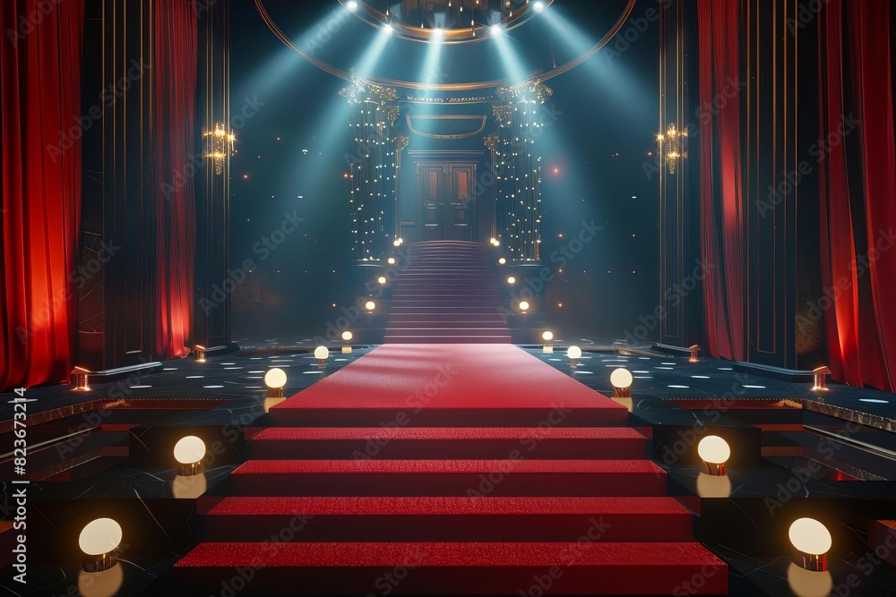 An opulent red carpet event. The stage is set with a grand staircase ...