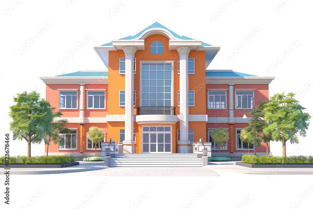 3D render modern school building with a brick exterior, surrounded by ...