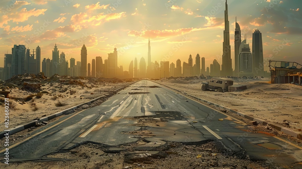postapocalyptic dubai abandoned highway leading to ruined city skyline ...