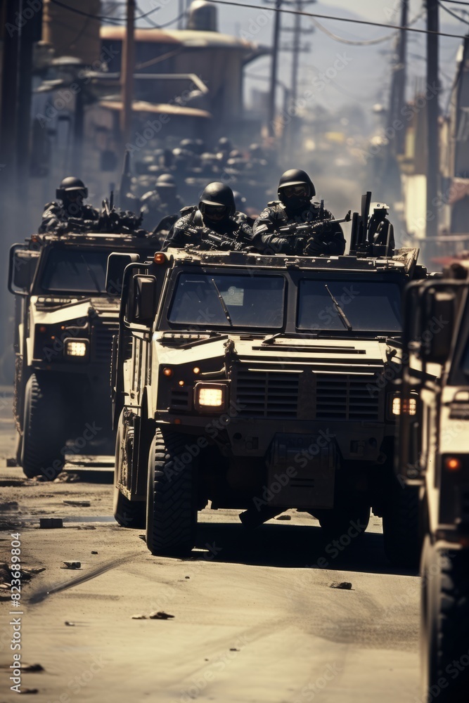 SWAT officers using armored vehicles to breach the perimeter of a ...