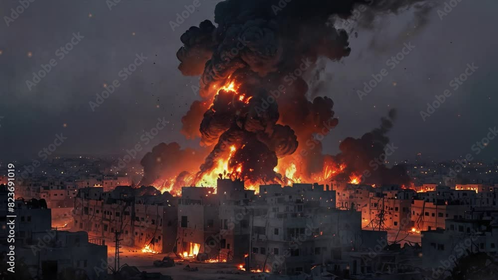 Ruined cityscape with buildings on fire and smoke billowing, shown in a ...