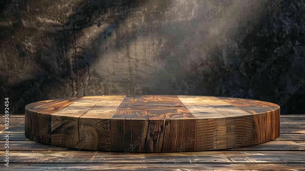 Rustic wooden platform on a weathered wood background with a spotlight ...