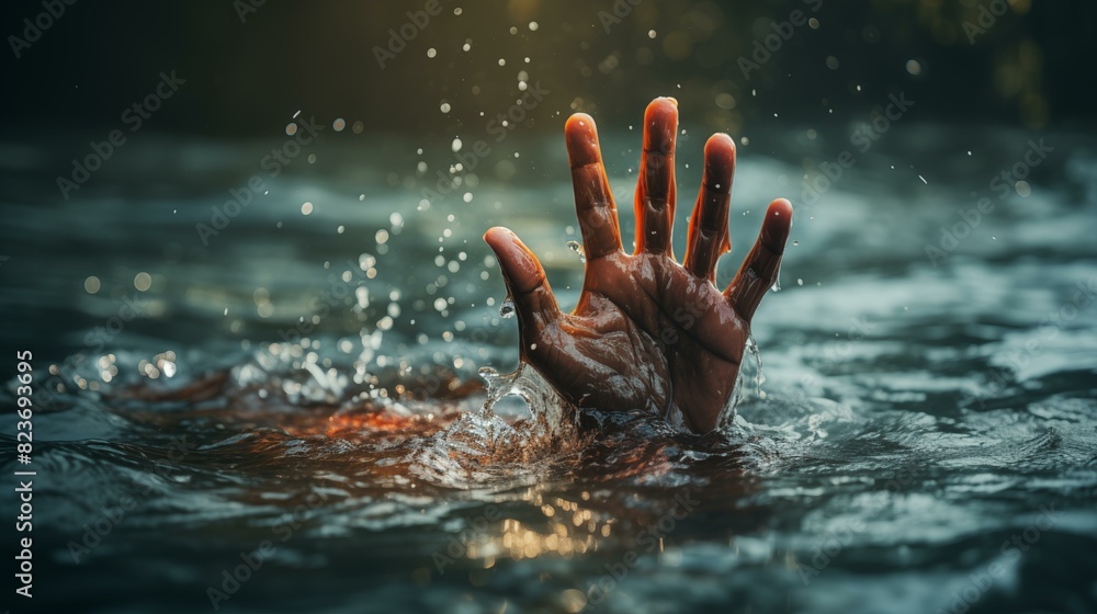 The desperate hand of a drowning person in sea water, quickly needing ...