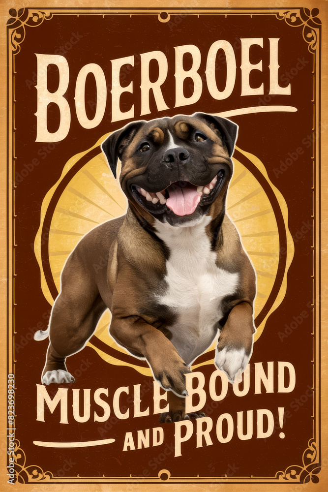A vintage-style poster featuring a Boerboel dog with a muscular build ...