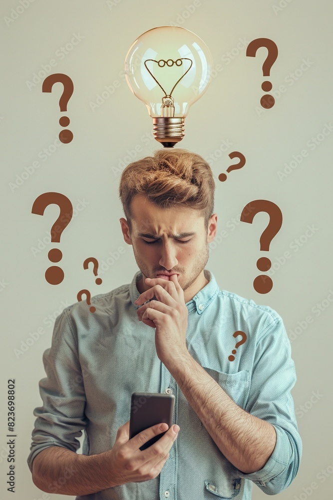 man thinking with his phone, with question mark, a light bulb over his ...