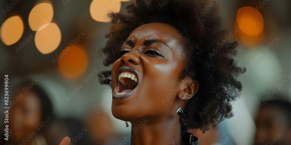 Black woman shouting loudly with mouth wide open. Concept Emotional ...