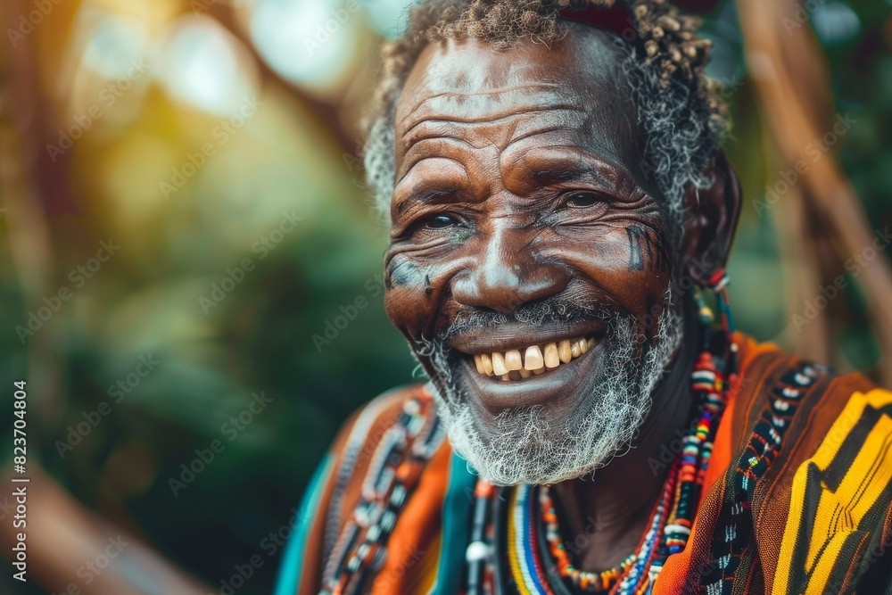 African tribal chief in traditional clothes sits and looks at the ...