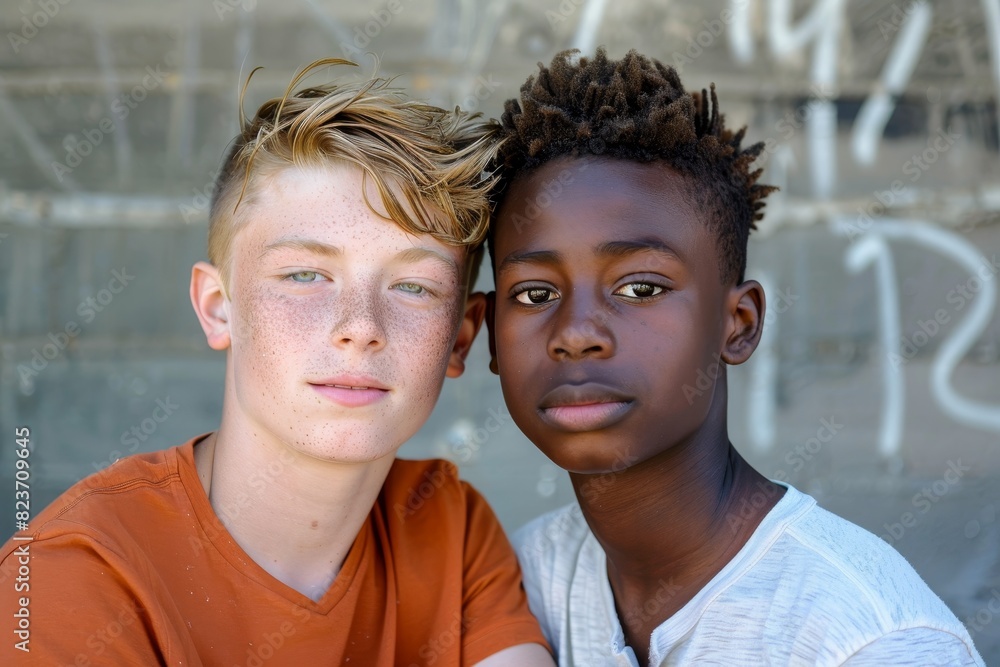 Portrait of two teenagers of African-American and European appearance ...