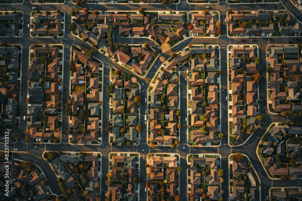 Aerial view of a suburban neighborhood with a minimalist layout ...