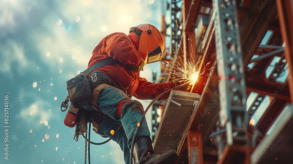 A construction worker is welding a steel beam on a skyscraper, high ...