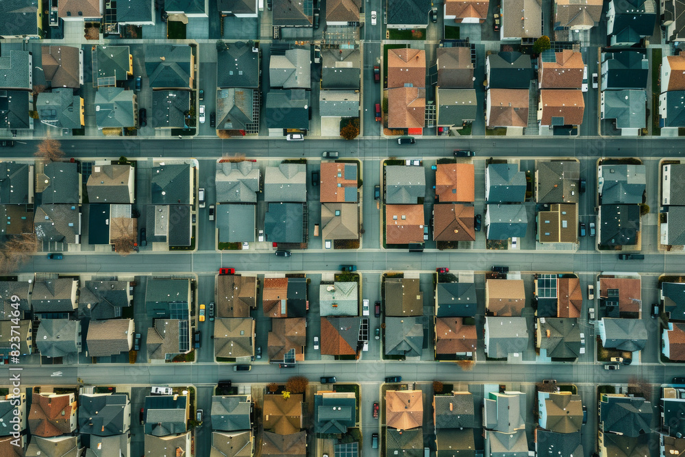 Aerial view of a suburban neighborhood with a minimalist layout ...
