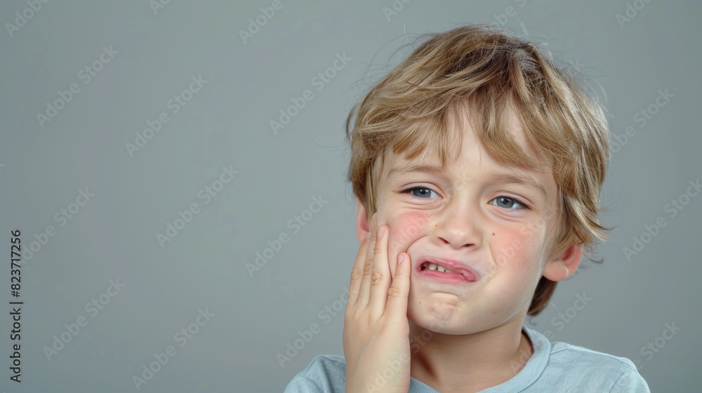 little boy presses hand to cheek, suffers from pain in tooth isolated ...