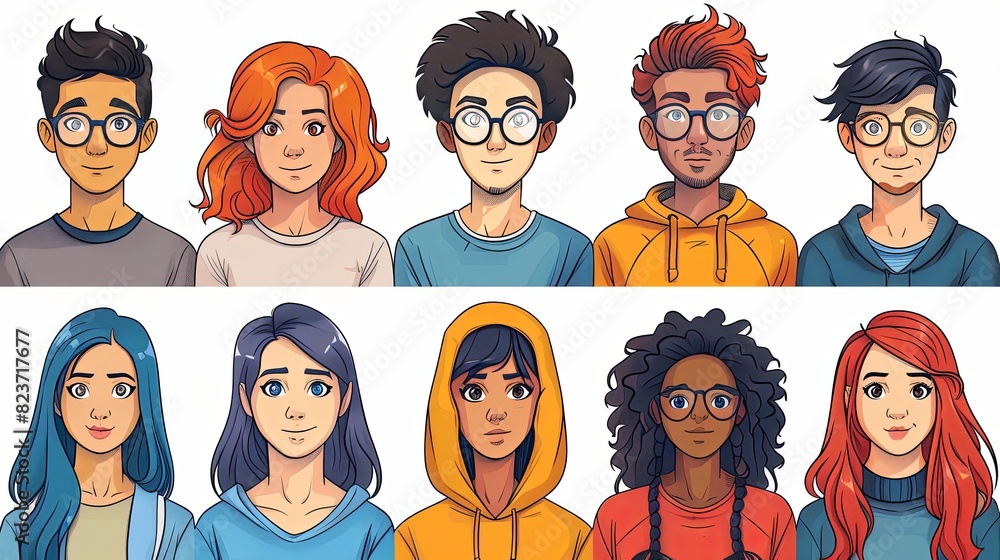 People avatars set. Young men and women with thinking face expressions ...