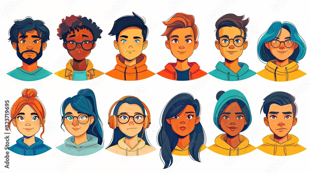 People avatars set. Young men and women with thinking face expressions ...